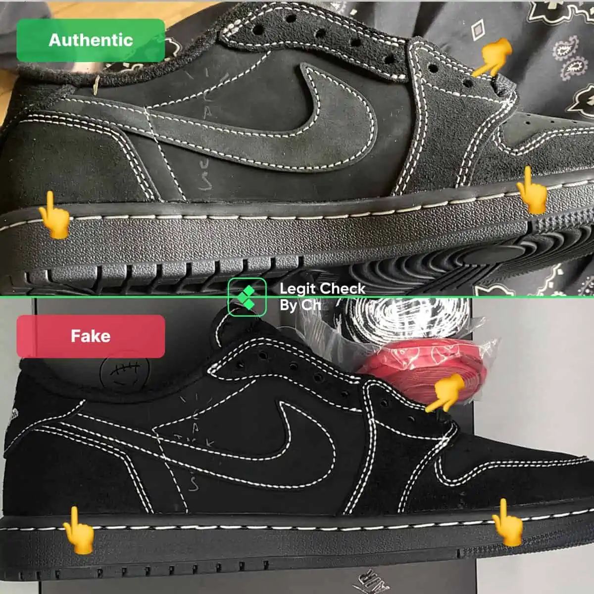 Legit check: Hướng dẫn phân biệt mẫu giày Travis Scott Air Jordan 1 Low Black Phantom thật hay ...